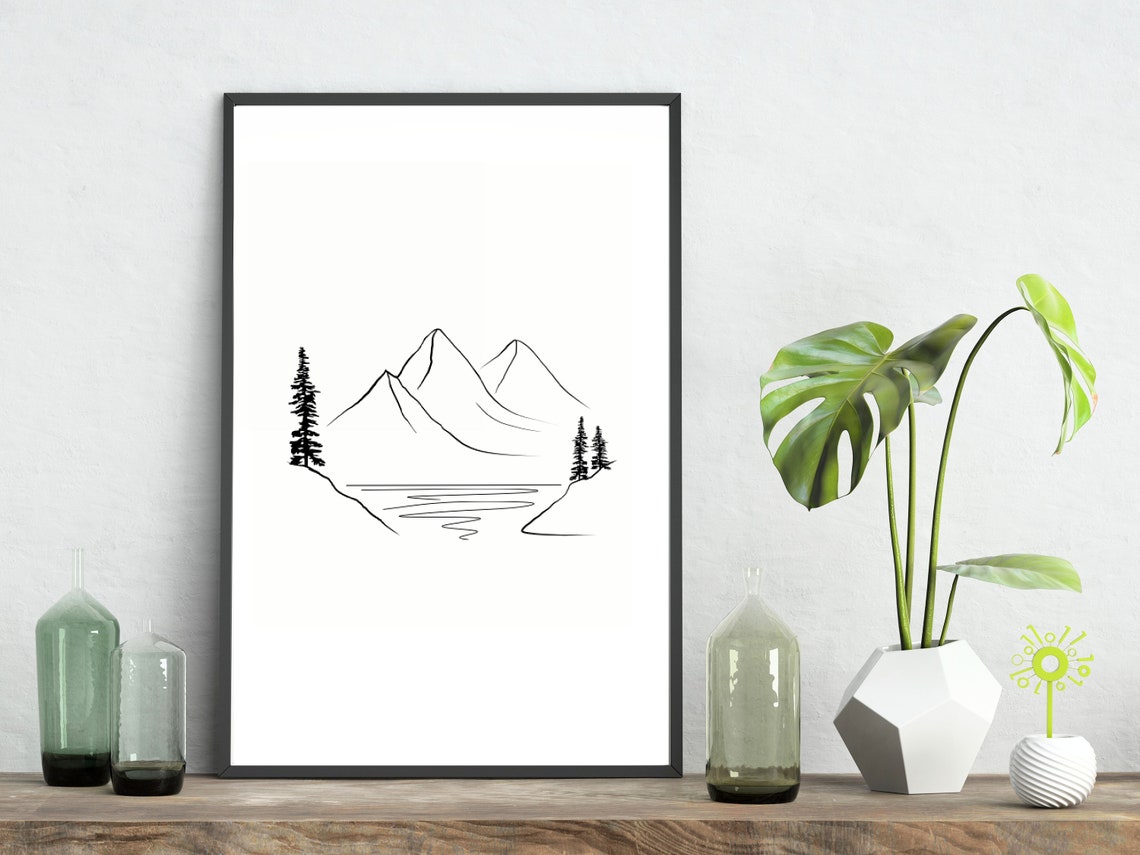 Mountain Lake Line Art Wilderness Art Print Minimalist Line - Etsy