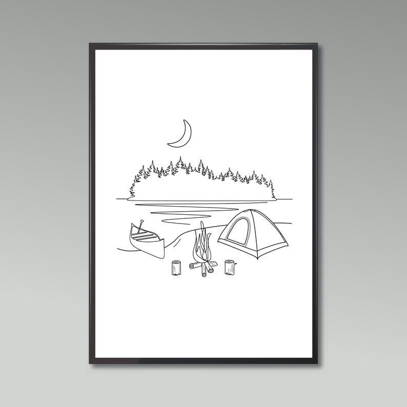 Camping by a Lake Line Drawing, Campfire Art Print, Canoe Digital Print ...