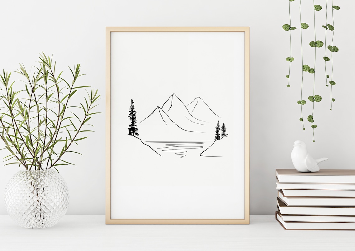 Mountain Lake Line Art, Wilderness Art Print, Minimalist Line Drawing ...