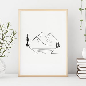 Mountain Lake Line Art, Wilderness Art Print, Minimalist Line Drawing ...