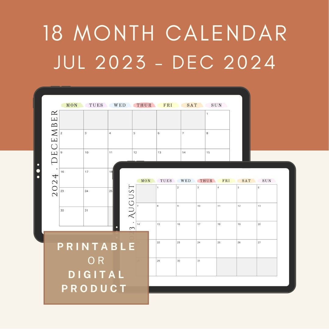 18 Month Calendar July 2023 Dec 2024 Digital Download - Etsy