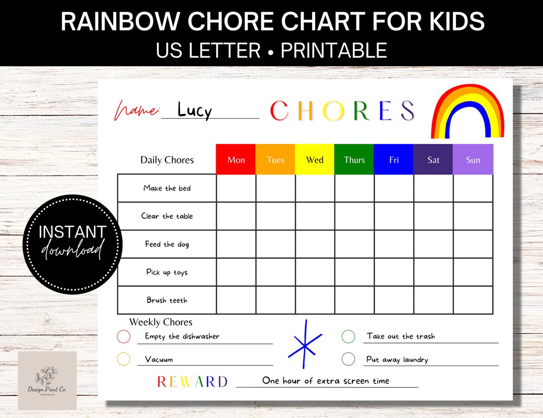 Rainbow Editable Kids Daily Responsibility Checklist: Printable Chore ...