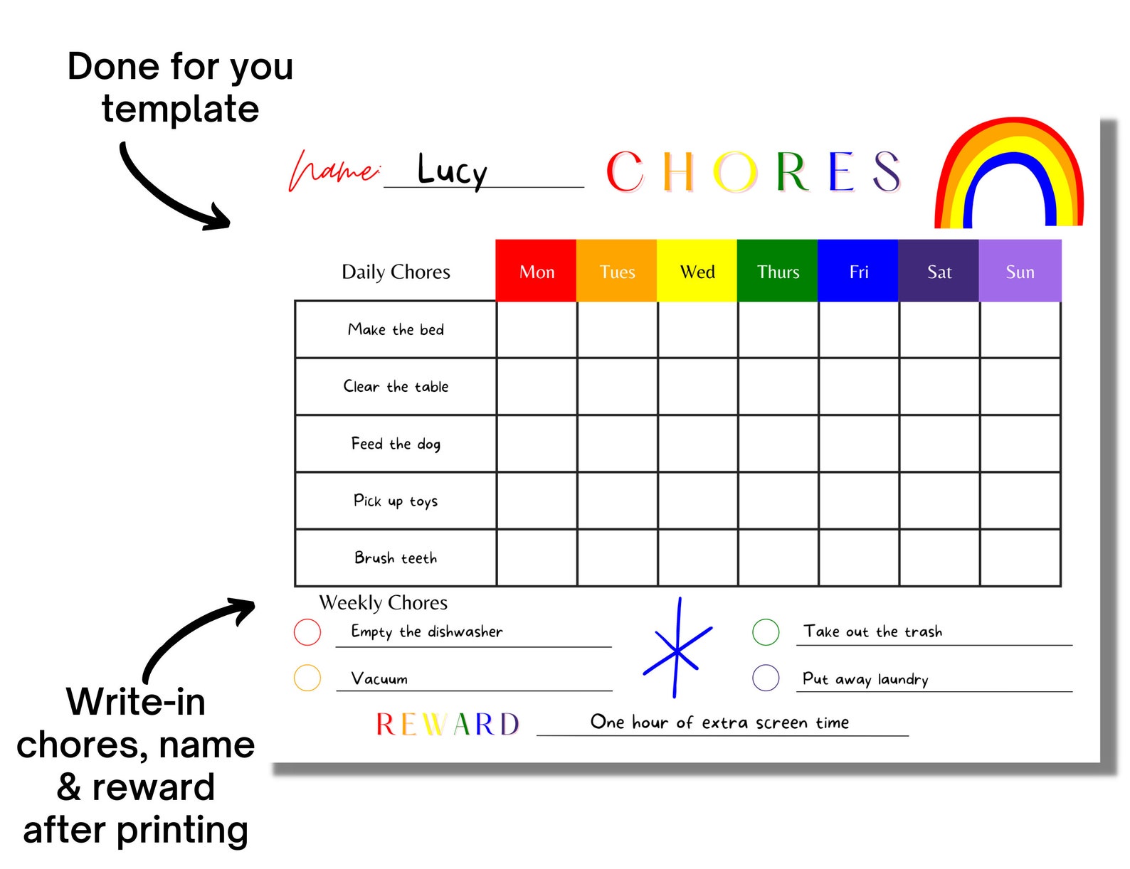 Rainbow Editable Kids Daily Responsibility Checklist: Printable Chore ...
