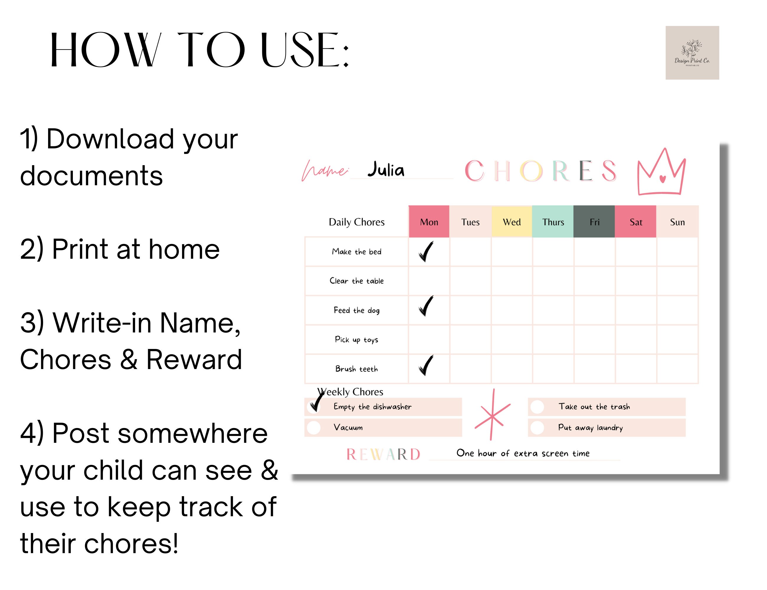 Chore Chart Chore Chart for Kids Printable Chore Chart - Etsy