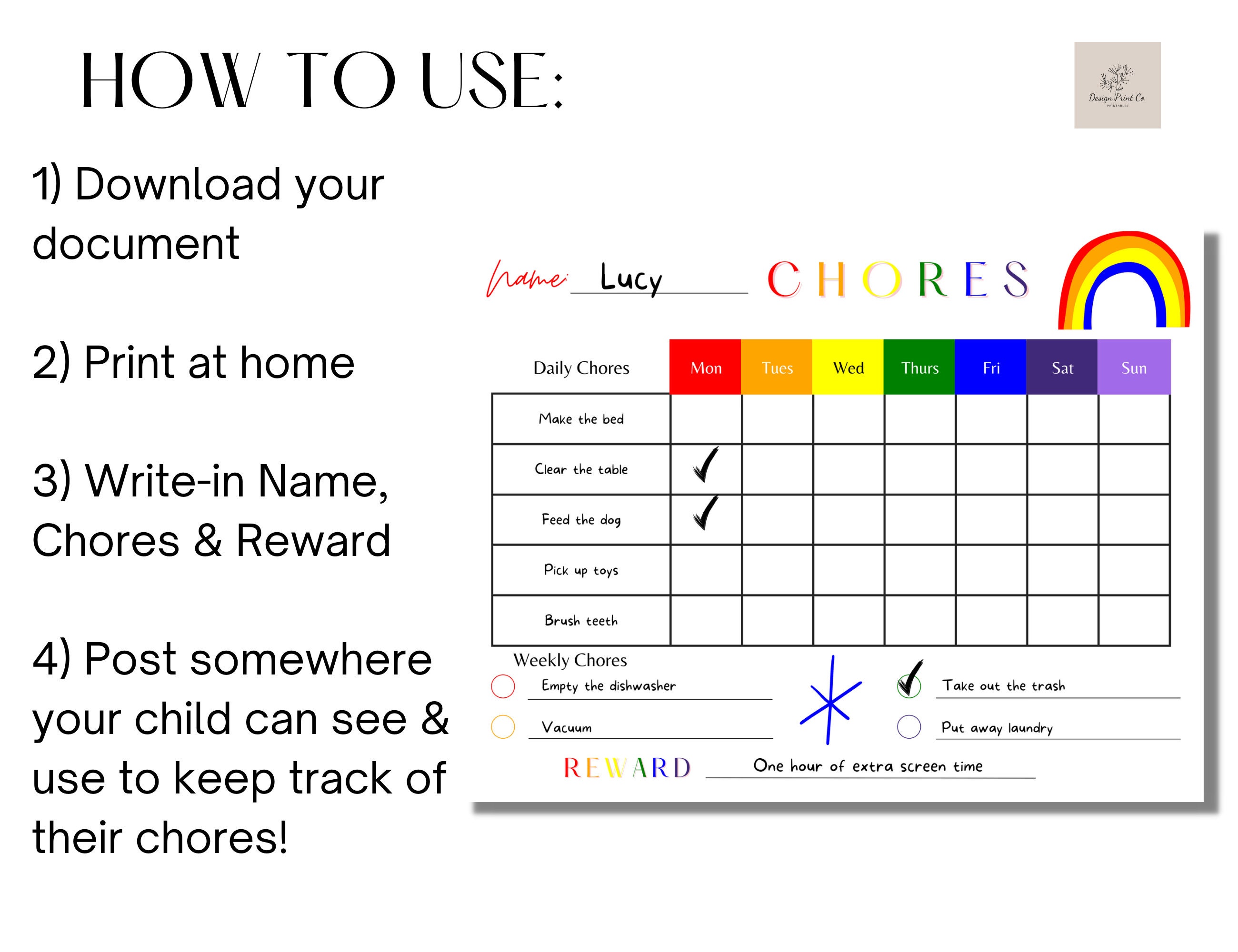 Rainbow Editable Kids Daily Responsibility Checklist: Printable Chore ...