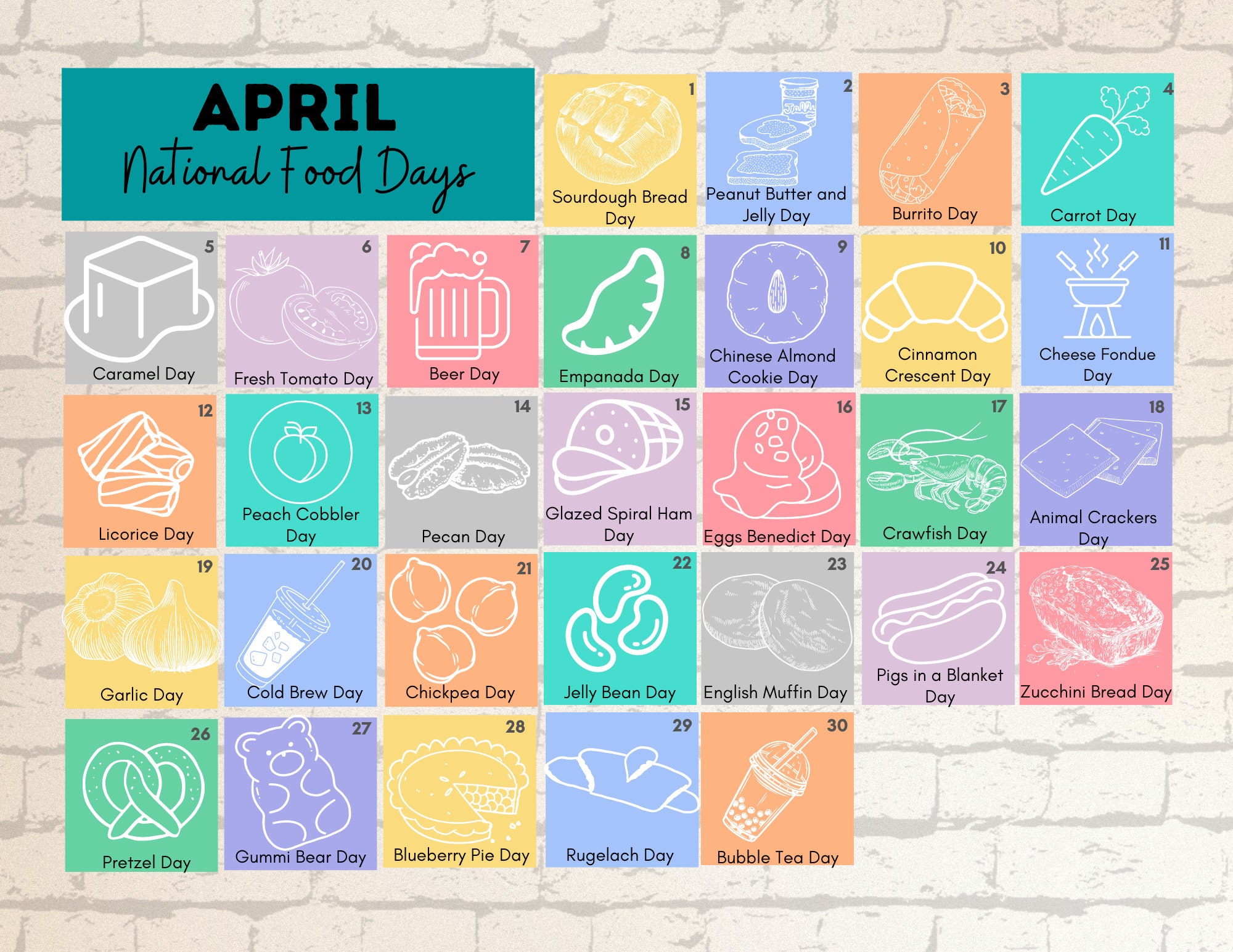 PRINTABLE APRIL National FOOD Holidays Calendar Fun Family - Etsy