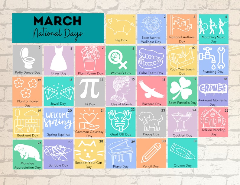 PRINTABLE MARCH National Holidays Calendar Fun Family - Etsy