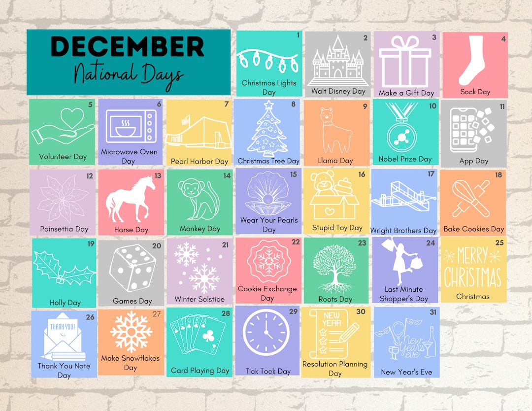 PRINTABLE DECEMBER National Holidays Calendar Fun Family - Etsy