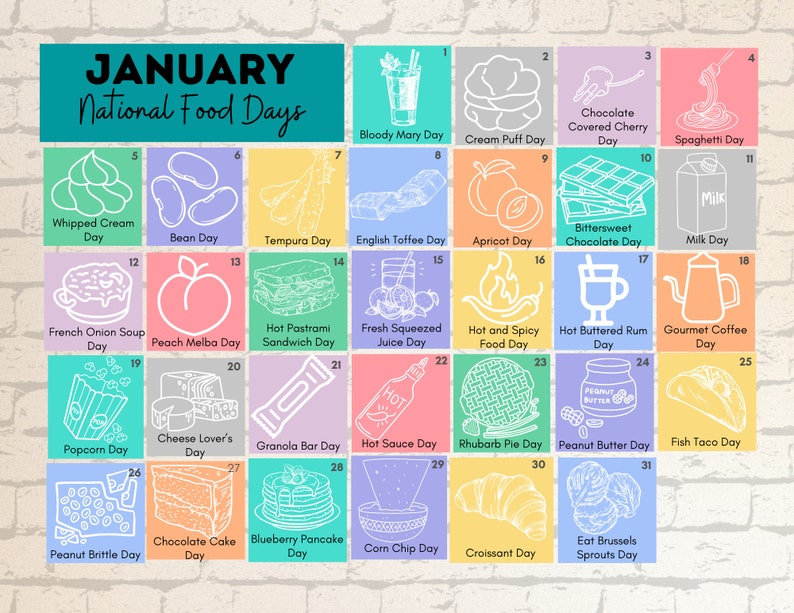 PRINTABLE JANUARY National FOOD Holidays Calendar Fun Family - Etsy