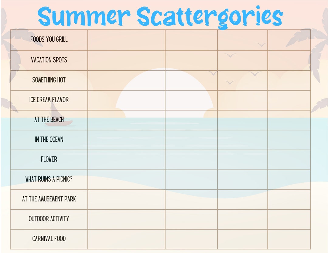 PRINTABLE SUMMER SCATTERGORIES Game School Easter Baby Bridal Shower - Etsy