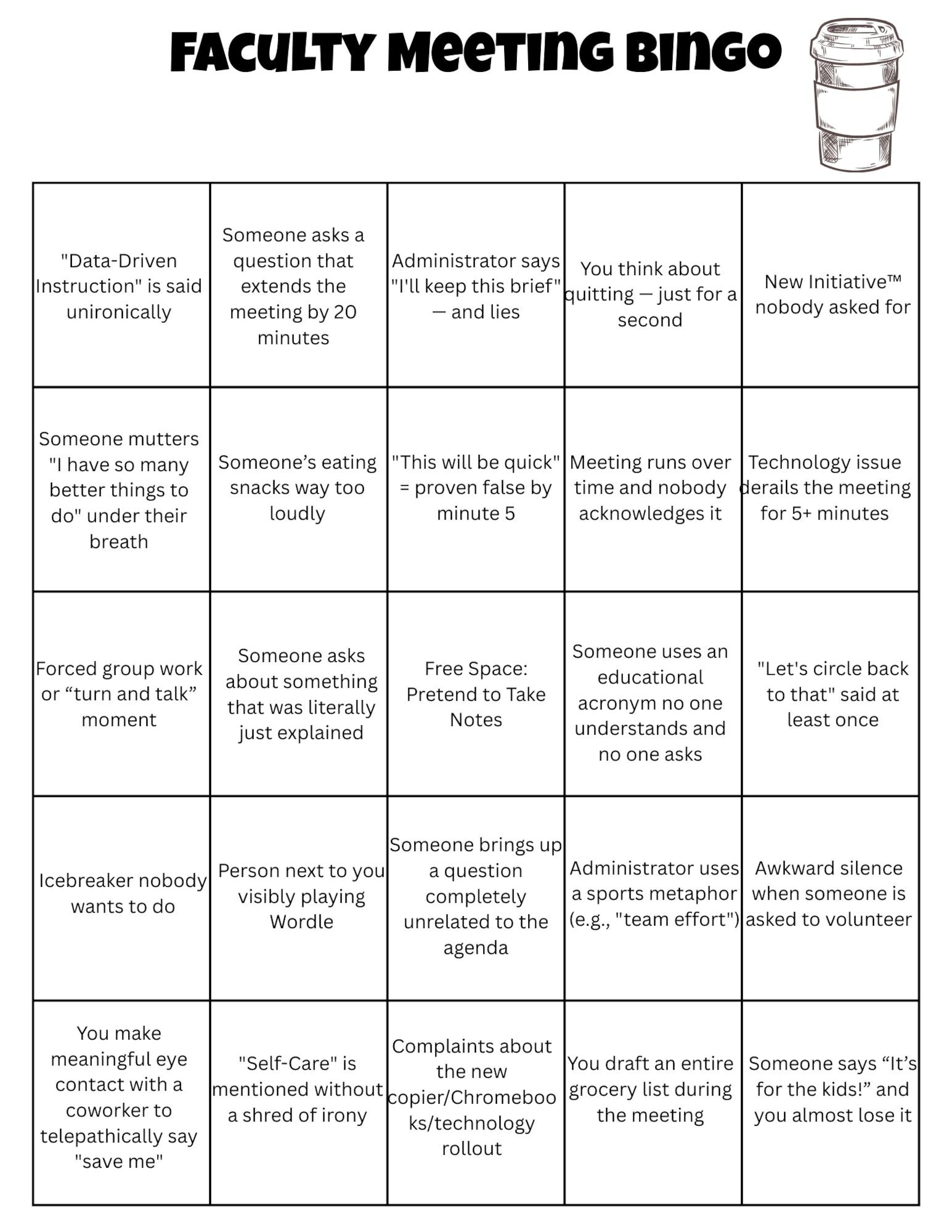 Funny Staff Meeting Bingo for Teachers | Printable Staff Meeting Game ...