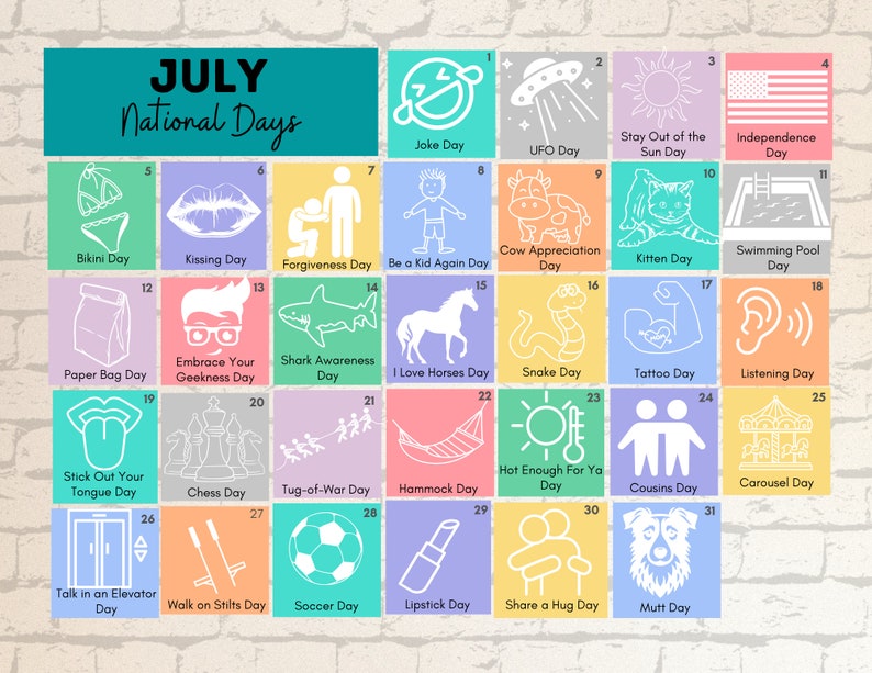 PRINTABLE JULY National Days Family Fun Calendar - Etsy