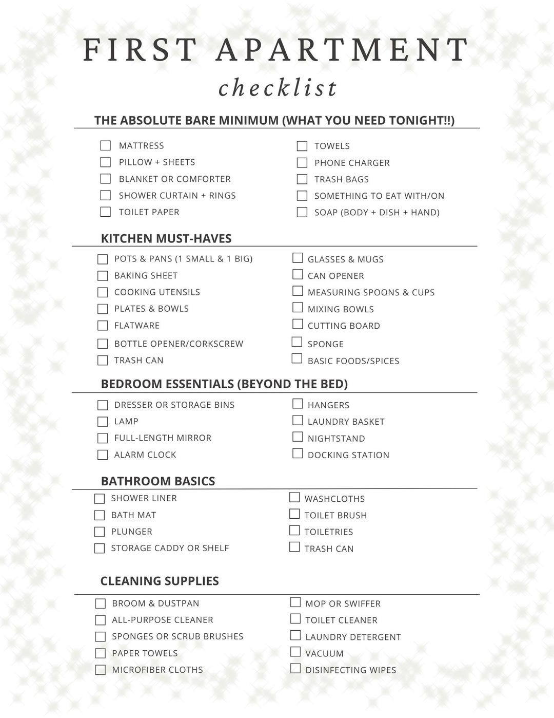 First Apartment Checklist – Printable Moving Essentials List for New ...