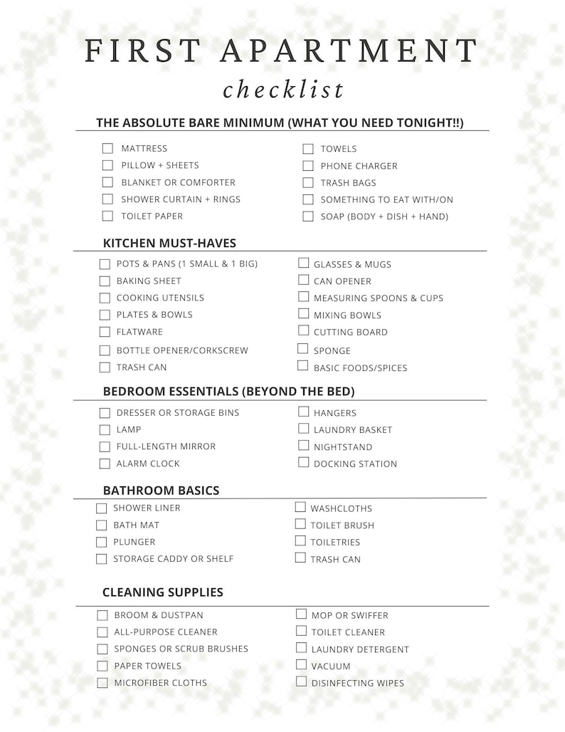 First Apartment Checklist – Printable Moving Essentials List for New ...