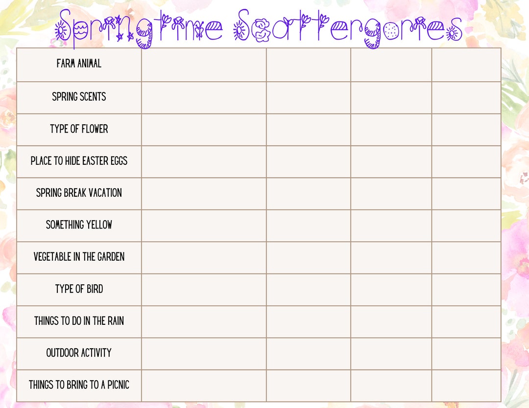 PRINTABLE SPRING SCATTERGORIES Game School Easter Baby Bridal Shower - Etsy