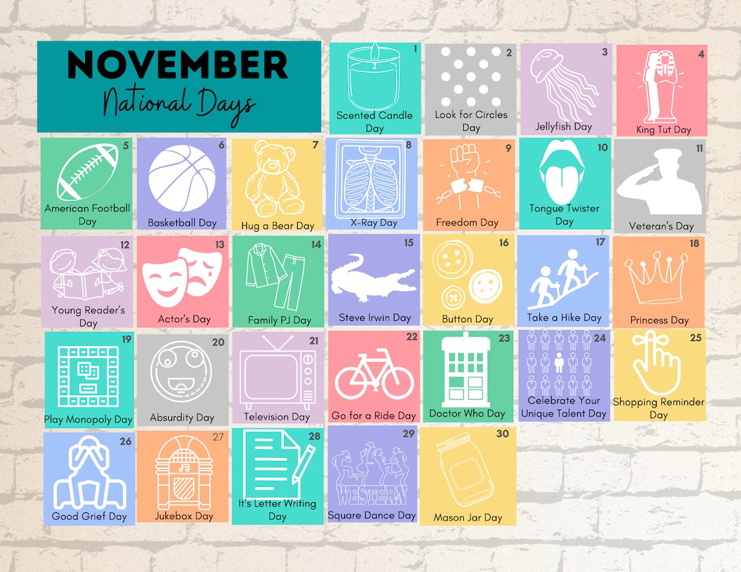 PRINTABLE NOVEMBER National Holidays Calendar Fun Family - Etsy