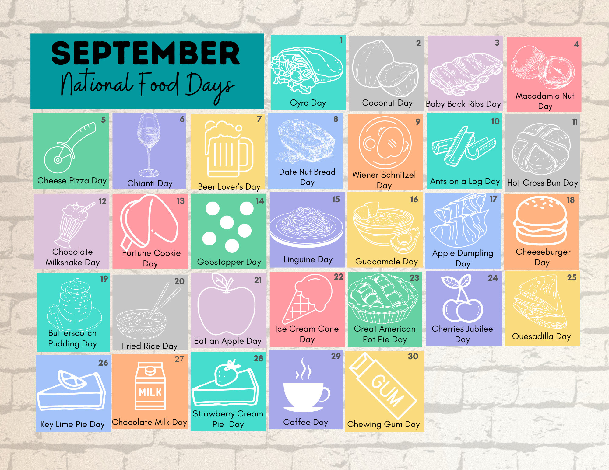 PRINTABLE SEPTEMBER National FOOD Holidays Calendar Fun Family - Etsy