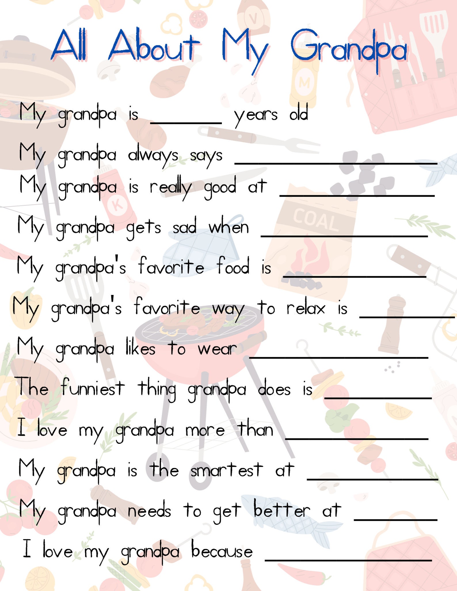 PRINTABLE GRANDPA QUESTIONS Father's Day Child Blank Create Gift - Etsy