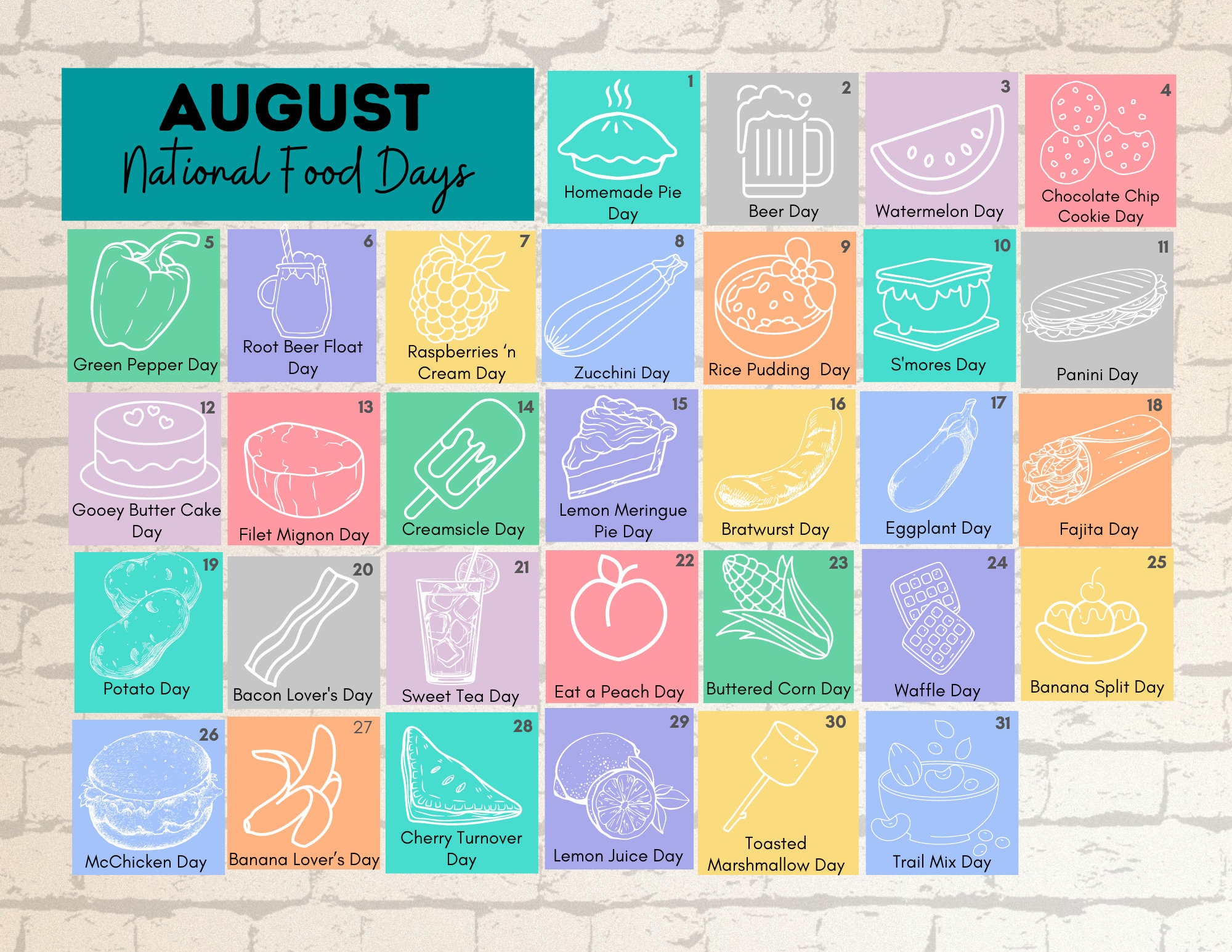 PRINTABLE AUGUST National Days FOOD Holiday Calendar - Etsy