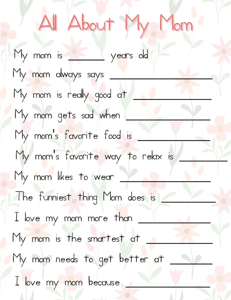 PRINTABLE MOM QUESTIONS Mother's Day Child Blank Create Gift - Etsy