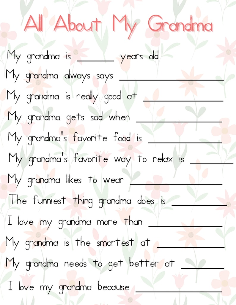 PRINTABLE GRANDMA QUESTIONS Mother's Day Child Blank Create Gift - Etsy