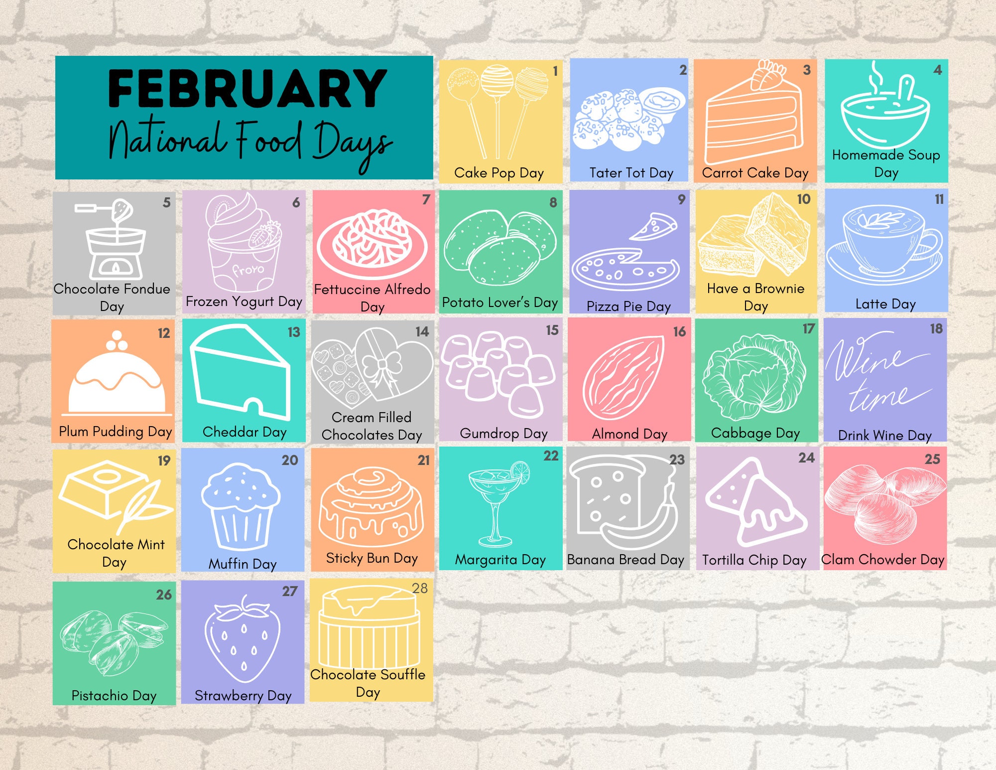 PRINTABLE FEBRUARY National FOOD Holidays Calendar Fun Family - Etsy
