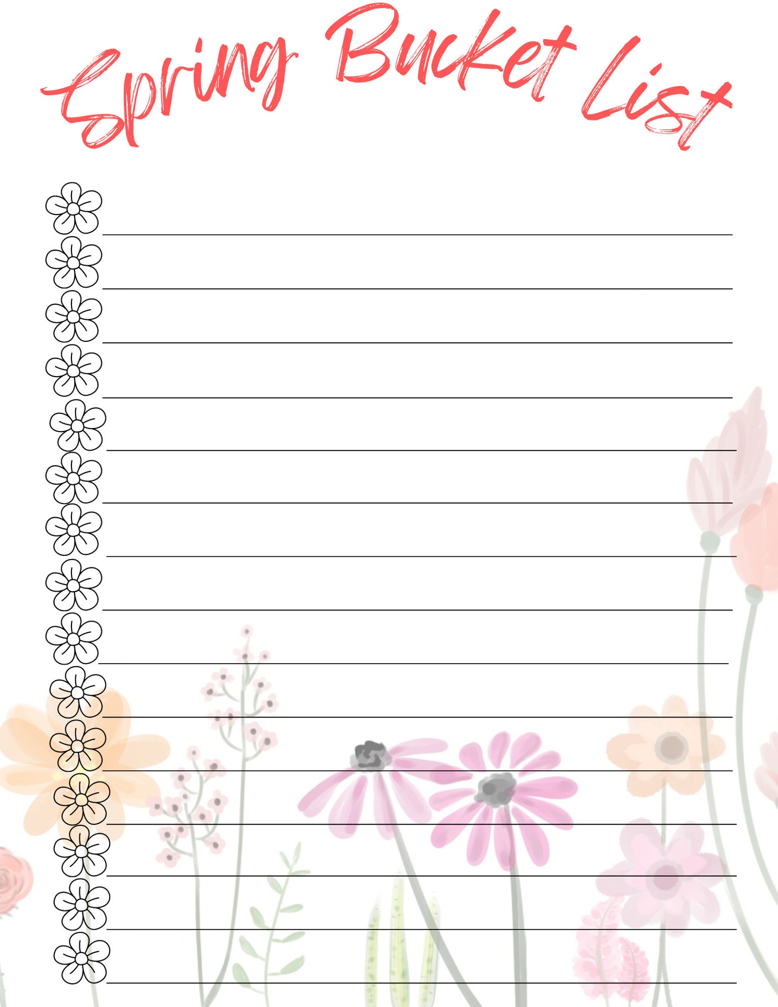 PRINTABLE Spring Bucket List Checklist Blank Create Flowers - Etsy