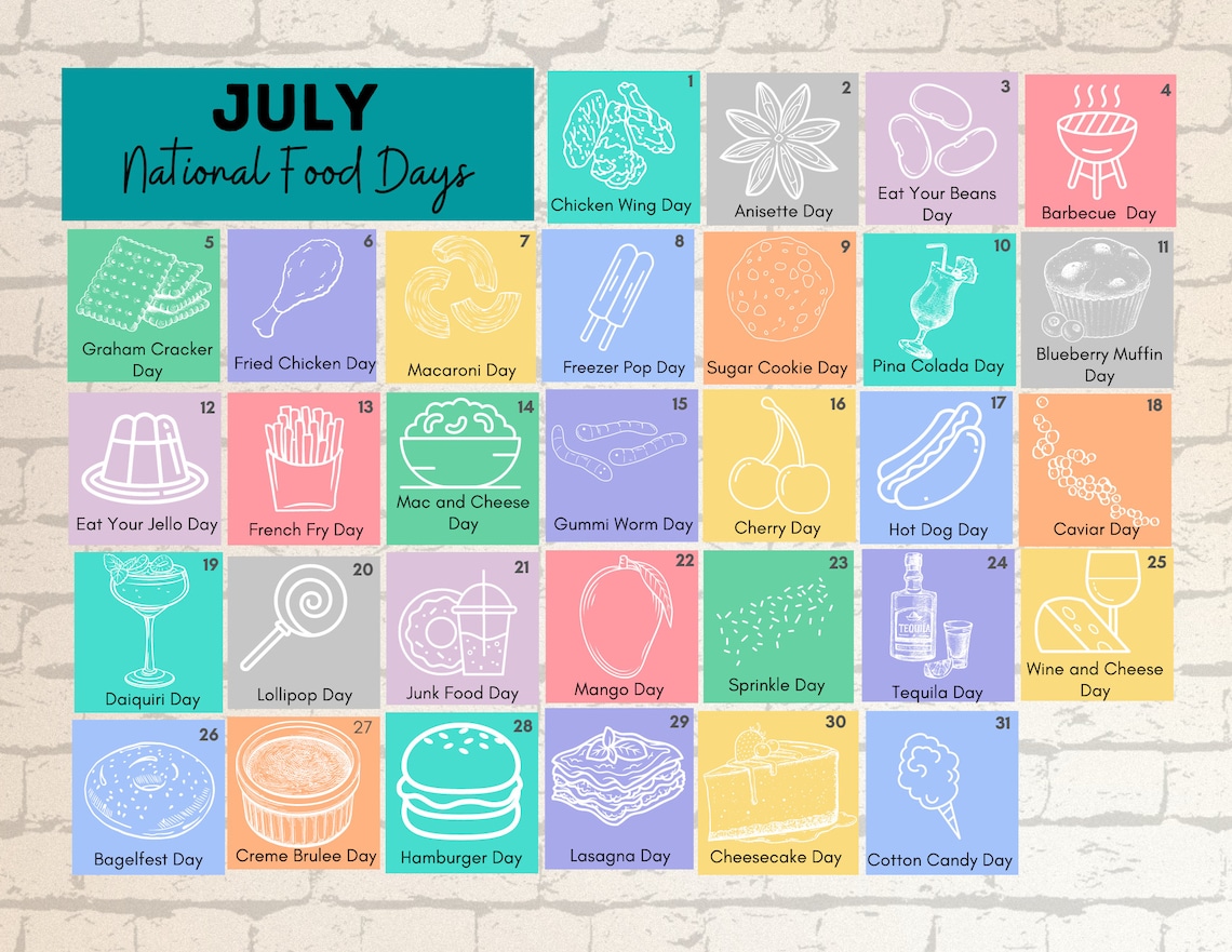 PRINTABLE JULY National Days FOOD Holiday Calendar - Etsy