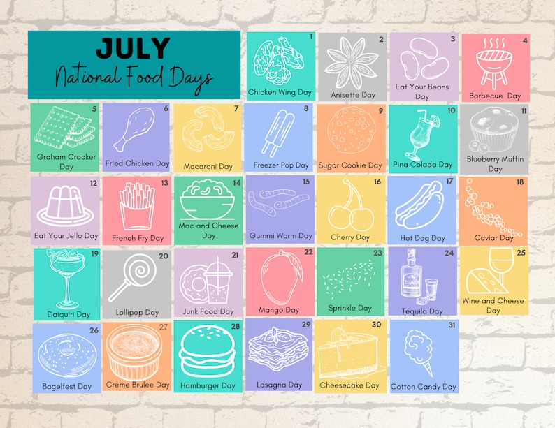 PRINTABLE JULY National Days FOOD Holiday Calendar - Etsy