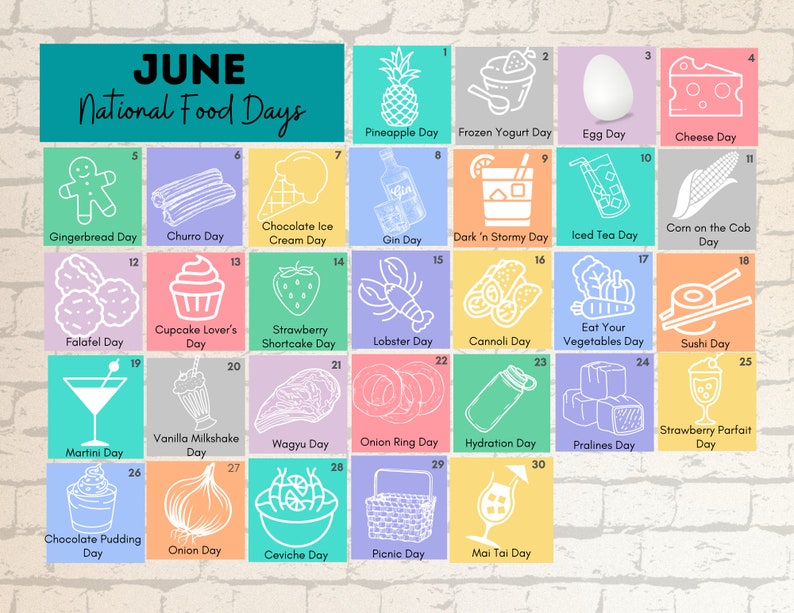 PRINTABLE JUNE National Days FOOD Holiday Calendar - Etsy