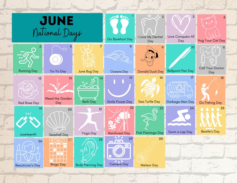 PRINTABLE JUNE National Days Family Fun Calendar - Etsy