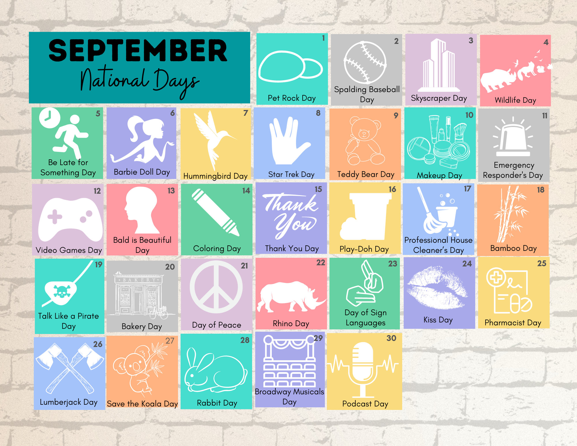 PRINTABLE SEPTEMBER National Holidays Calendar Fun Family - Etsy