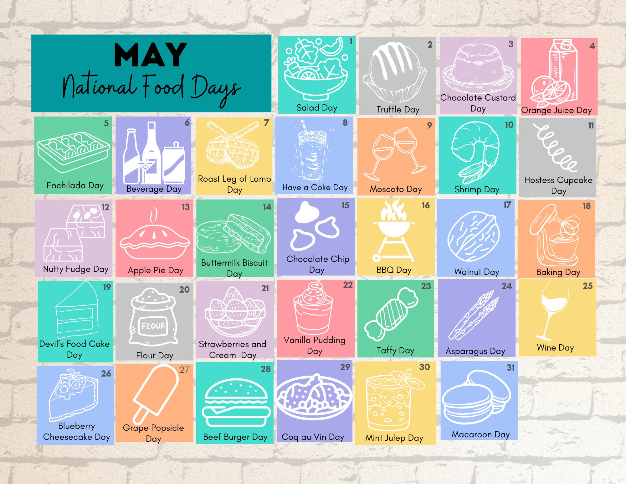 PRINTABLE MAY National FOOD Holidays Calendar Fun Family - Etsy