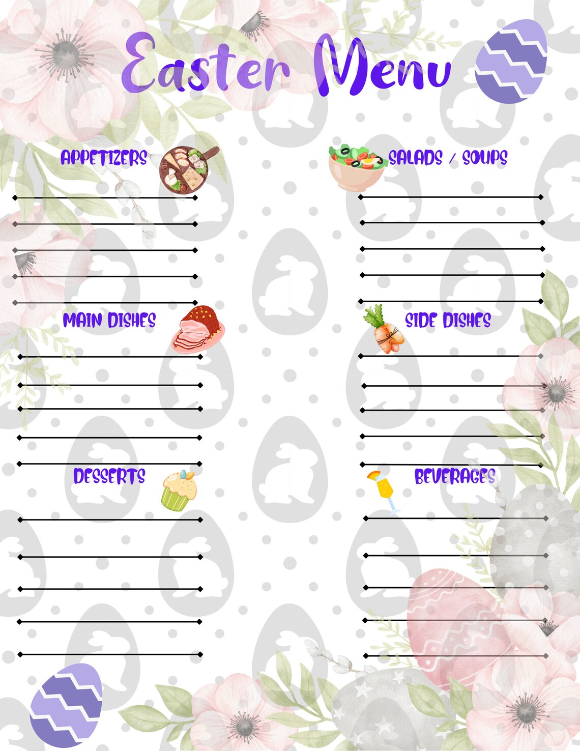 PRINTABLE EASTER MENU Planner List Checklist Bunny Egg Spring Holiday ...