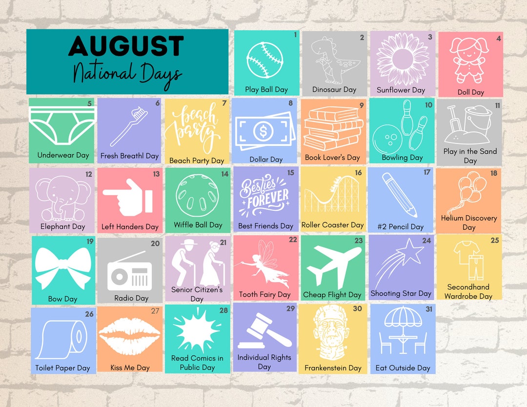 PRINTABLE AUGUST National Holidays Calendar Fun Family - Etsy