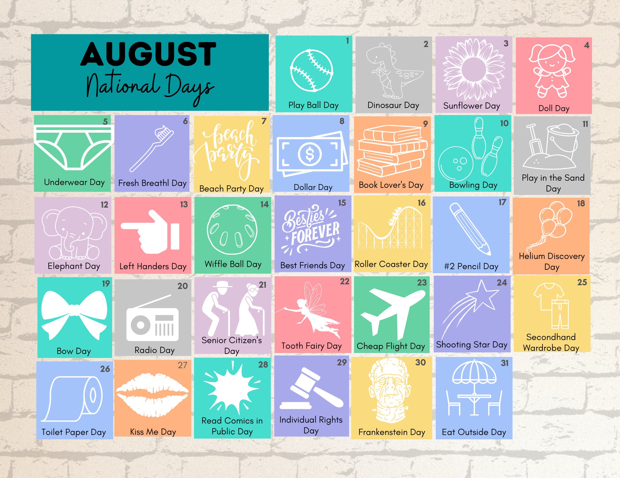 PRINTABLE AUGUST National Holidays Calendar Fun Family - Etsy