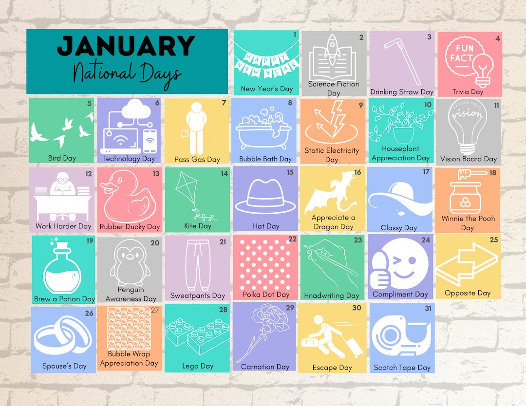 PRINTABLE JANUARY National Holidays Calendar Fun Family - Etsy