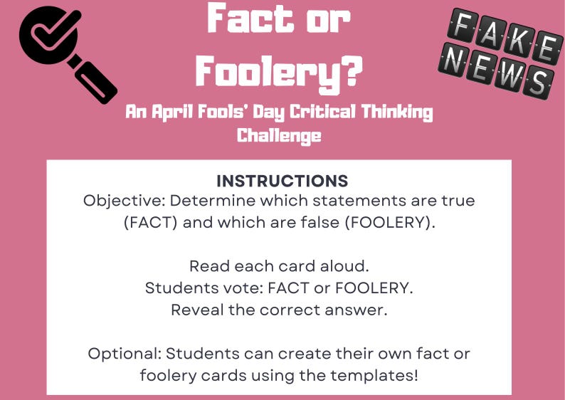 Fact or Foolery April Fools Day Classroom Game Set - Etsy