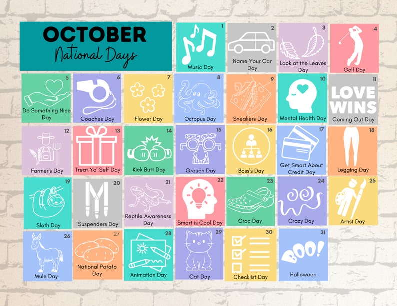PRINTABLE OCTOBER National Holidays Calendar Fun Family - Etsy