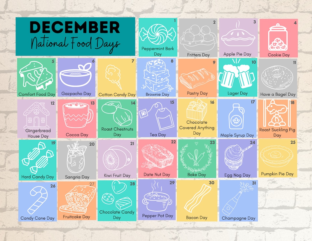 PRINTABLE DECEMBER National FOOD Holidays Calendar Fun Family - Etsy
