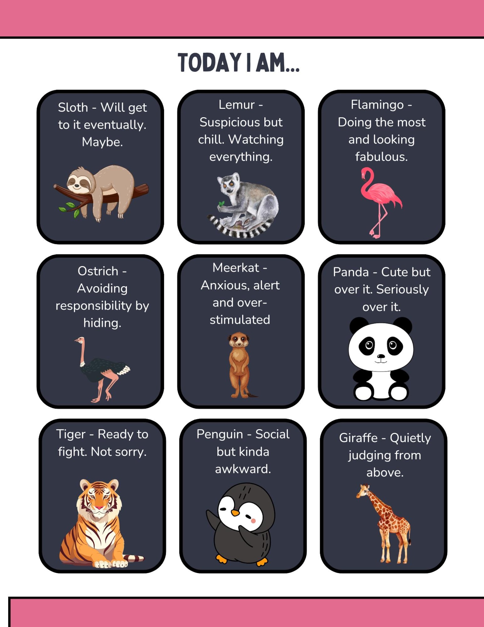 Zoo Mood Tracker Printable – Funny SEL Check-in With 10 Sassy Animals ...