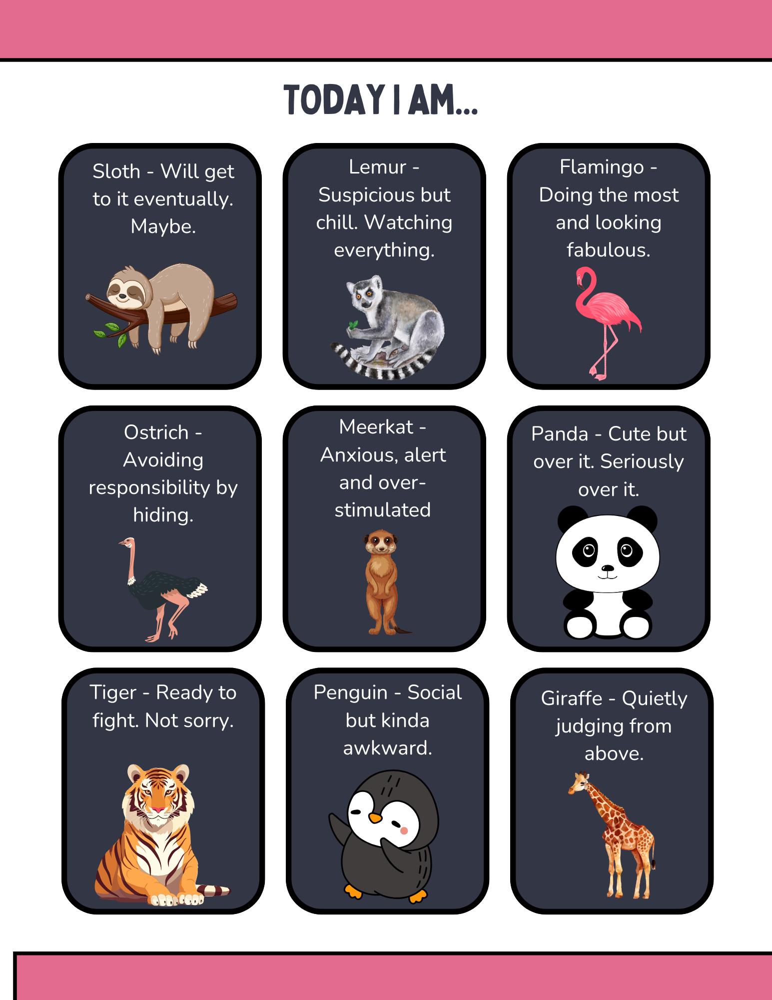 Zoo Mood Tracker Printable – Funny SEL Check-in With 10 Sassy Animals ...
