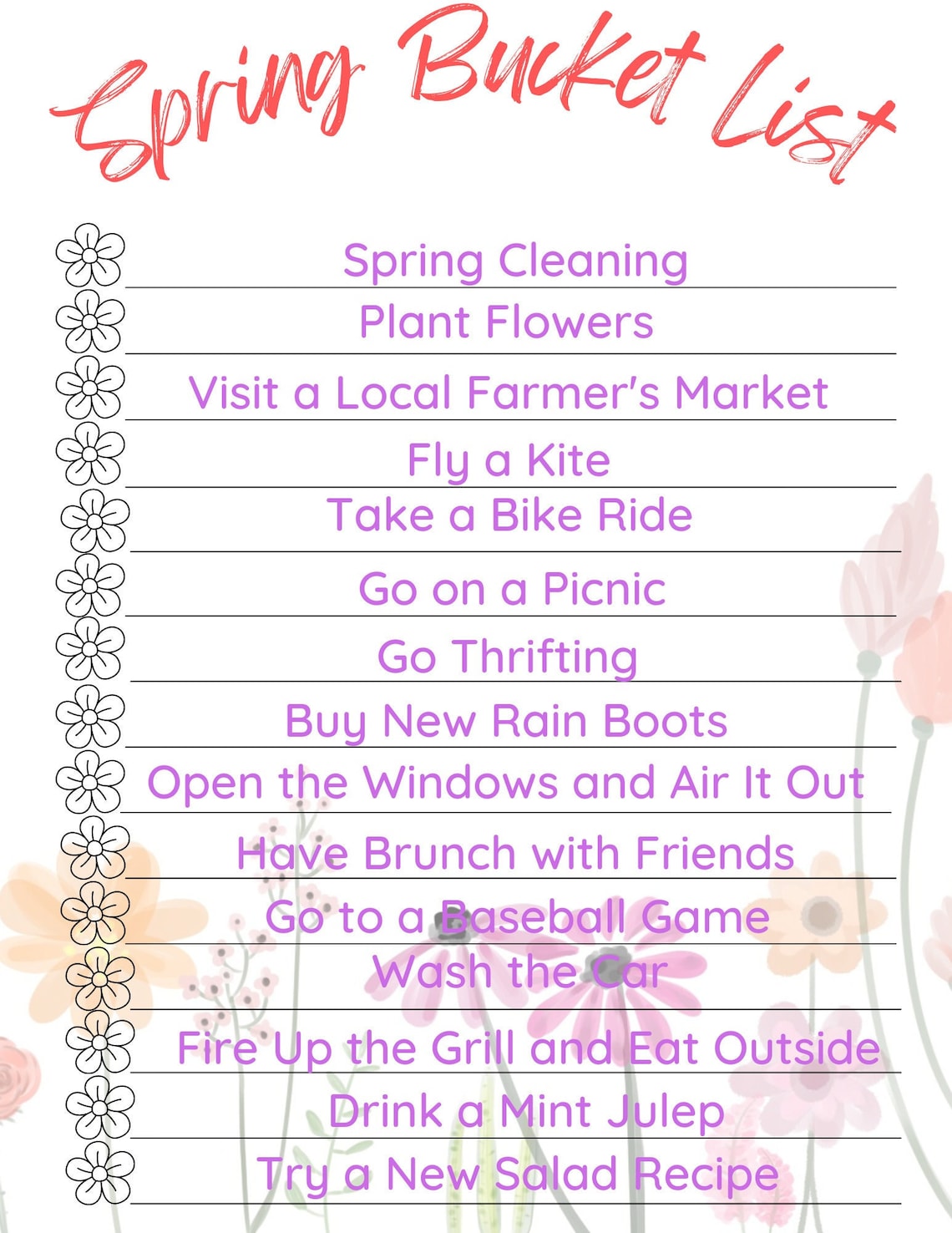 PRINTABLE Spring Bucket List Checklist Create Flowers Ideas - Etsy