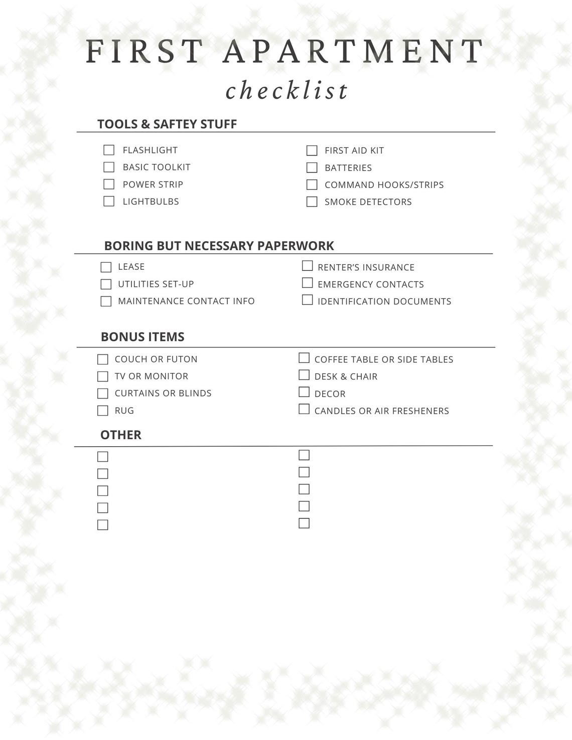 First Apartment Checklist – Printable Moving Essentials List for New ...