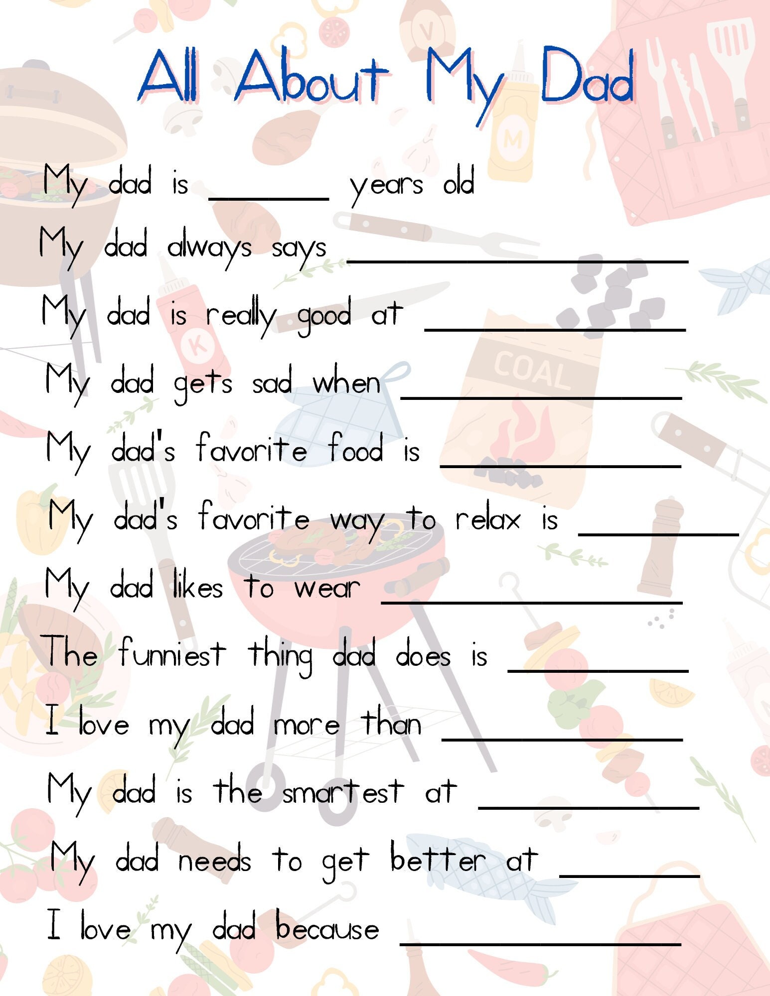 PRINTABLE DAD QUESTIONS Father's Day Child Blank Create Gift - Etsy