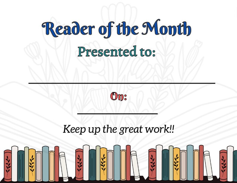 Reader of the Month Digital Award Student Award Student Certificate - Etsy