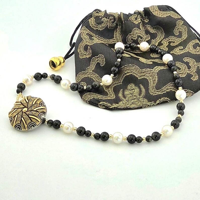 Lunar Eclipse – 16" Gold Sheen Obsidian and Freshwater Pearl Necklace ...