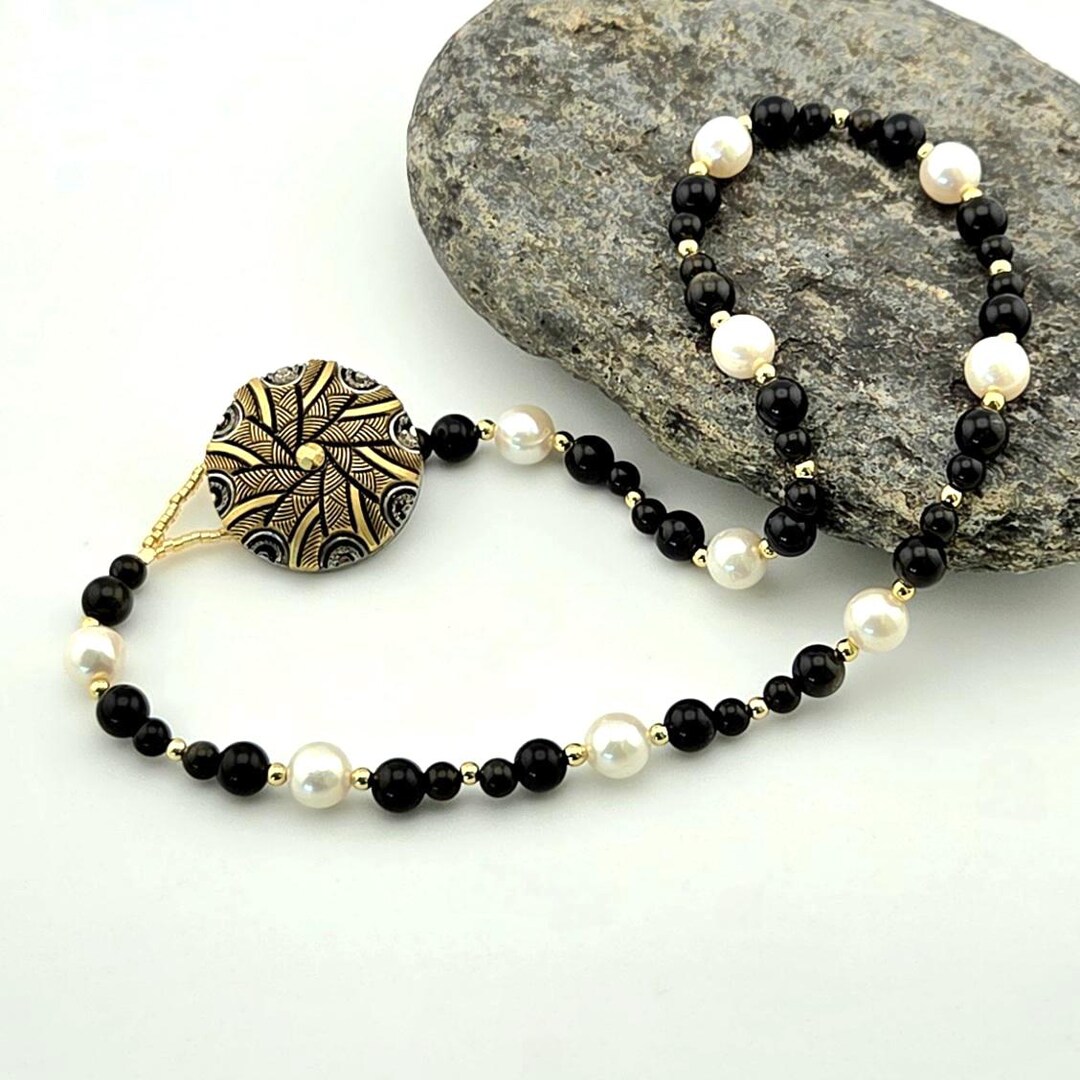 Lunar Eclipse – 16" Gold Sheen Obsidian and Freshwater Pearl Necklace ...