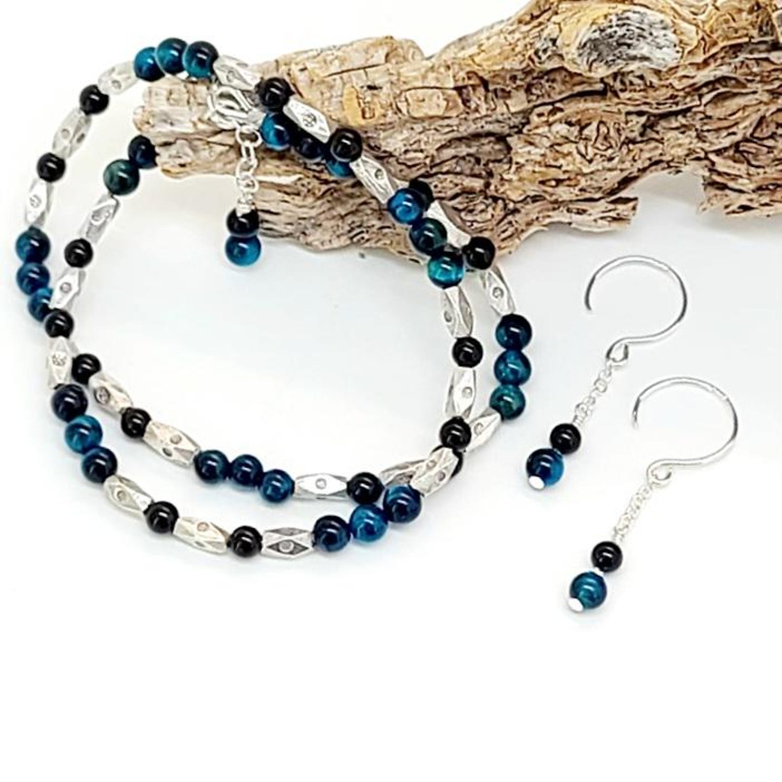 Shadow & Clarity – Blue Tiger’s Eye and Black Onyx Choker and Earrings ...