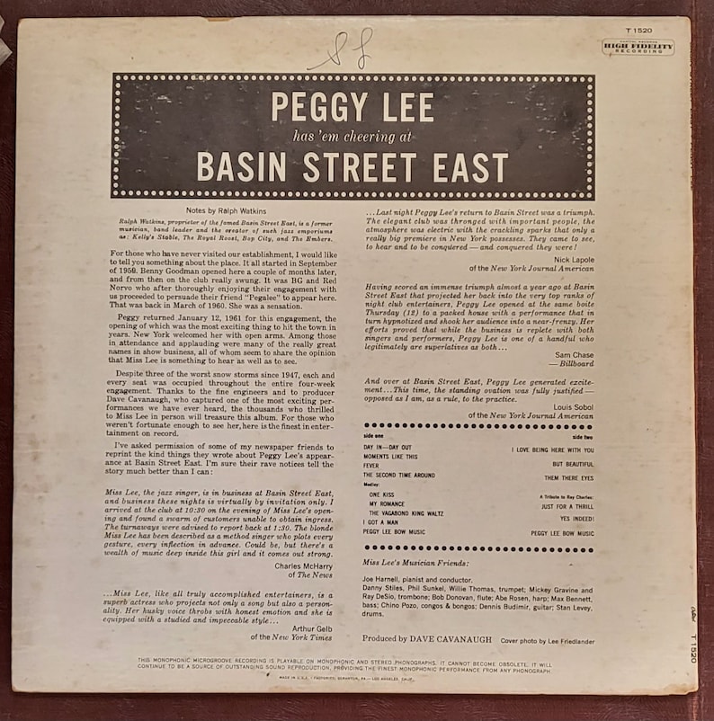 Basin St. East Proudly Presents Miss Peggy Lee Recorded at the Fabulous ...